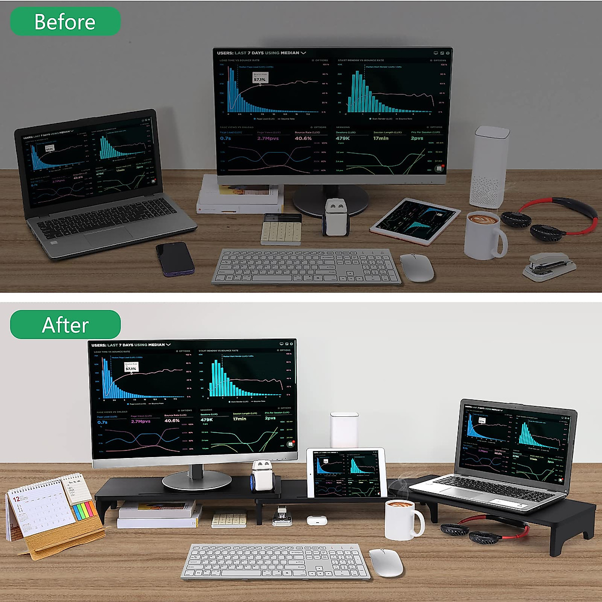 Nnewvante Monitor Stand Riser, 60 inch Large Bamboo Dual Monitor Stand for Desk, 3 Shelves Desktop Screen Riser with Adjustable Length Angle for Computer Laptop PC,Black