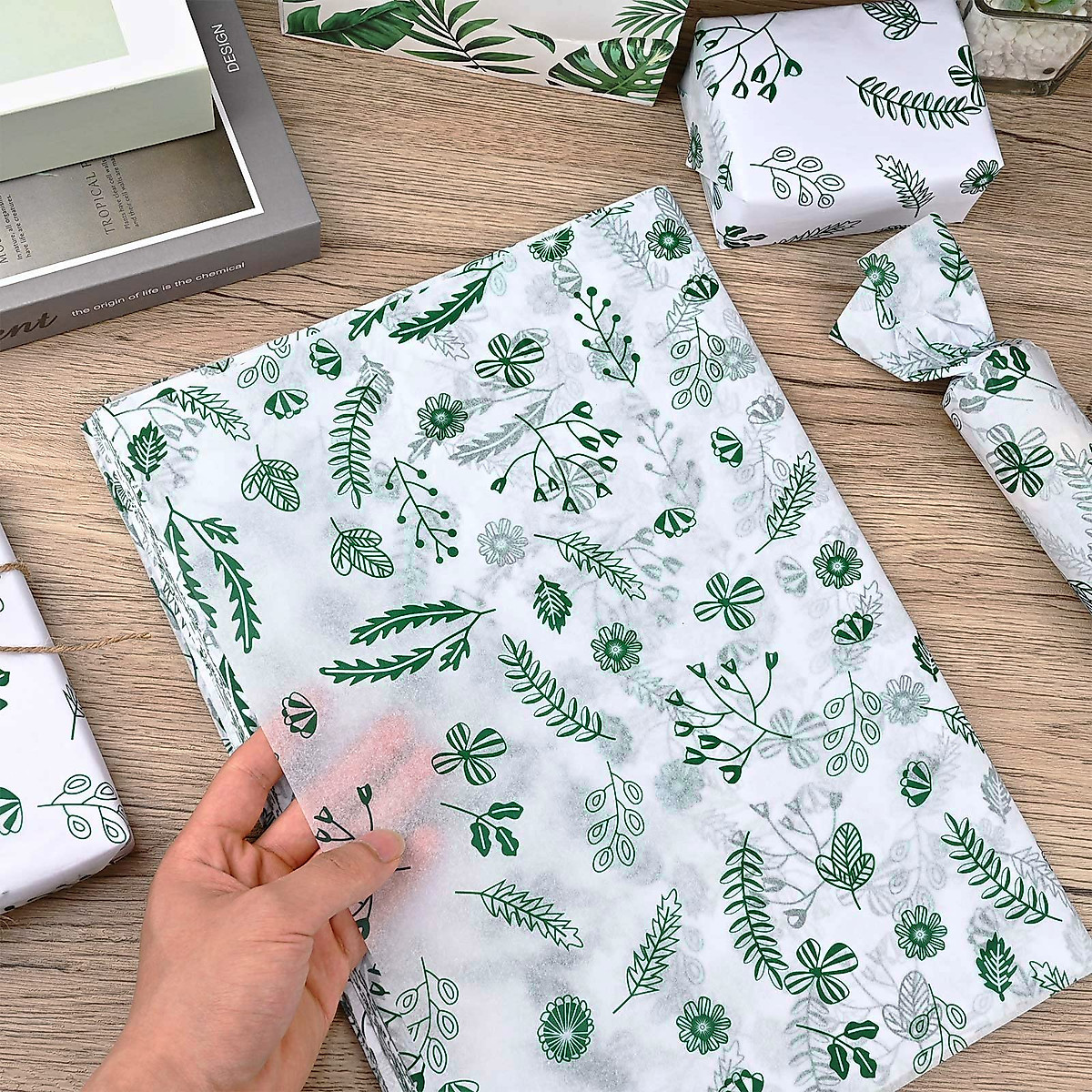 Bolsome 100 Sheets 20 * 14 Inches Greenery Tissue Paper, Botanical Gift Wrapping Tissue, Green Leaves Decorative Tissue Paper for Jungle Safari Party Baby Bridal Shower Birthday Wedding Decor