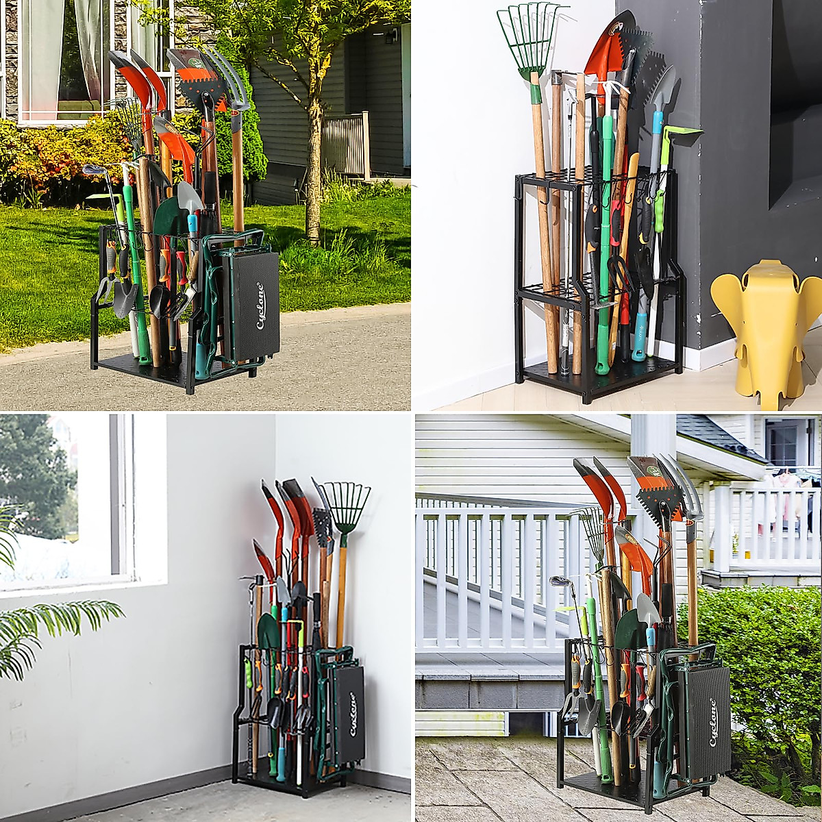 YueTong Garden Tool Organizer Heavy Duty,Yard Tool Tower Rack,Garage Storage Organization for Long Handle Tools,Rake,Brooms,Extra Hooks for Small Shovel,Shear.All Metal,Free Standing.