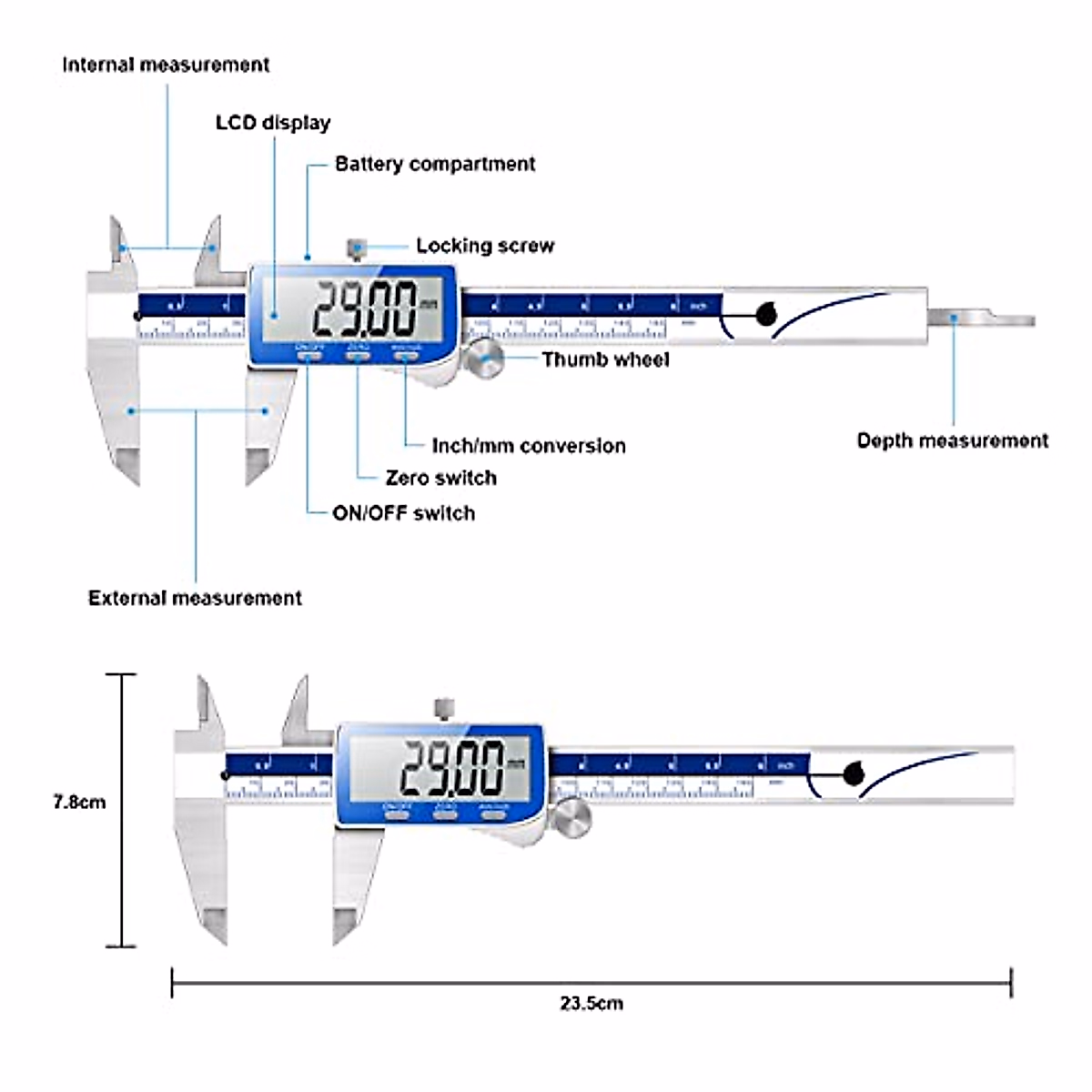 Caliper Measuring Tool, Qfun 6 Inch Electronic Digital Caliper with Stainless Steel and Extra-Large Display, IP54 Waterproof Vernier Calipers for Engineer Carpenter