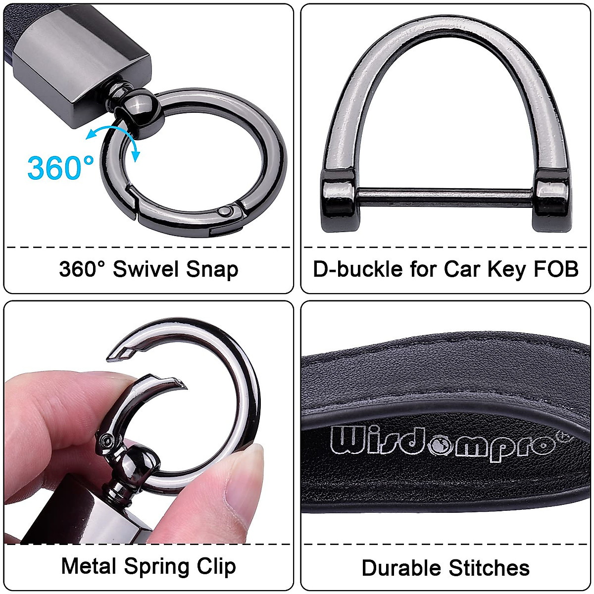 Wisdompro Genuine Leather Car Keychain, Universal Key Fob Keychain Leather Key Chain Holder for Men and Women, 360 Degree Rotatable, with Anti-lost D-ring, 3 Keyrings and 1 Screwdriver - Black