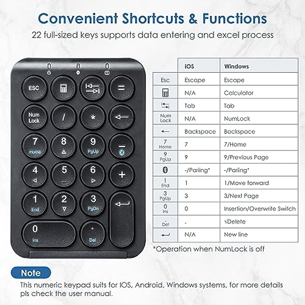 SANWA Bluetooth Numeric Keypad, Rechargeable Wireless Ten Key Number Pad, 22-Key Portable & Slim Financial Accounting Numpad for Laptop Computer, Compatible with MacBook, Windows, Android, iOS, Black