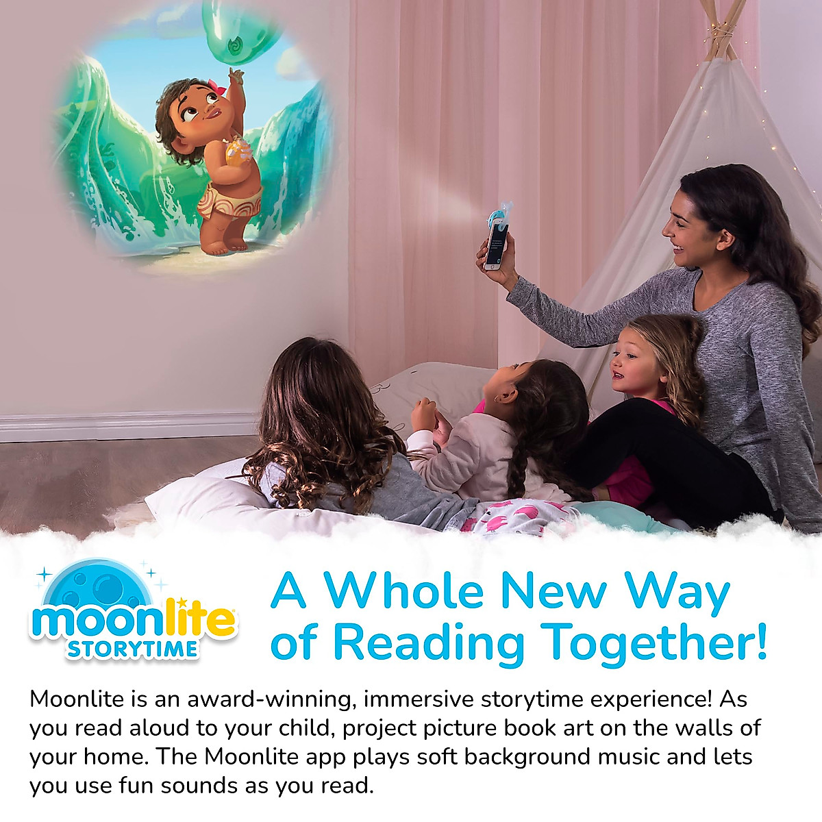 Moonlite Mini Projector with 4 Disney Princess Stories - A New Way to Read Stories Together - 4 Digital Stories with Light Projector - Disney Princess Toys and Gifts for Kids Ages 1 and Up