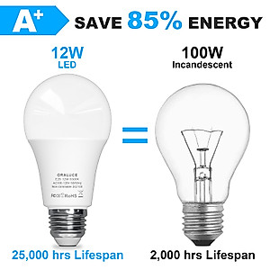 ORALUCE LED Light Bulb, A19 12W Lightbulbs, 100 Watt Equivalent, 120V 1200LM, 6500K Cool White, E26 Medium Base, Non Dimmable, Energy Efficient, UL Listed, 6 Pack