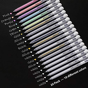 Ohuhu 20 Packs Gold Silver White Gel Ink Pen 10 Colors Fine Point White Pens for Highlighting on Markers Colored Pencils Watercolor Paintings Black Paper Drawing Coloring Adult Kids Artists