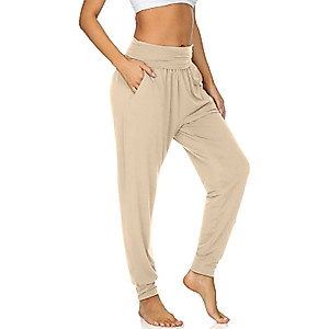 UEU Women's Plus Size Comfy High Waist Yoga Jogger Pants Loose Workout Fitness Lounge Khaki Harem Women with Pockets(Light Khaki, 3XL)