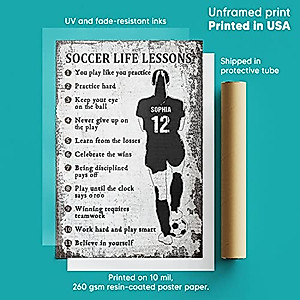 365FURY Soccer Life Lessons Poster with Personalized Name and Number Wall Art For Girls Room Perfect Gifts For Birthday Anniversary Holidays Rustic Picture Without Frame
