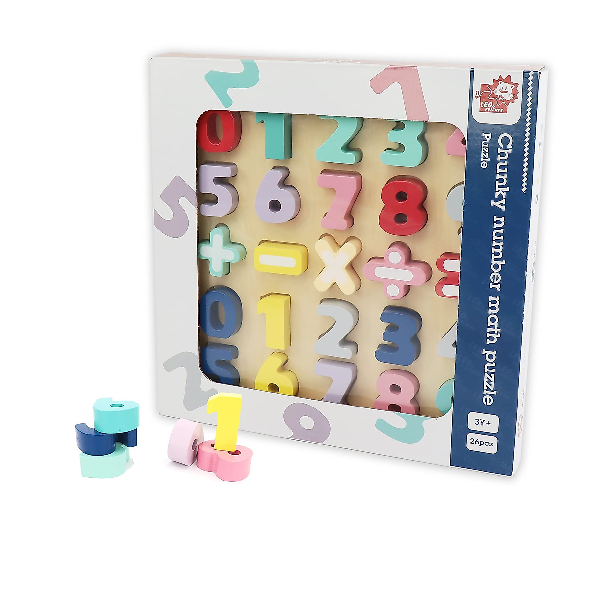 LEO & FRIENDS: Wooden Chunky Number Math Puzzle - 26pc, Colorful Play & Learn Toy, 0-9, Addition-Subtraction-Multiplication- Division, Kids Ages 3+