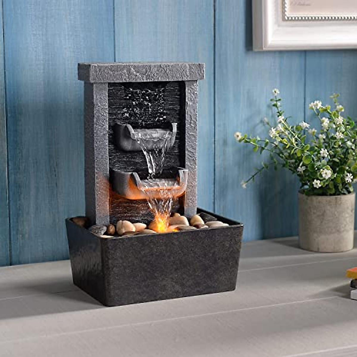 GOSSI Home Décor 10.3 in Indoor Waterfall Fountain Relaxation High Pressure Water Pumps Tabletop Fountain Nature Feeling Water Fountains with Reflective Lighting/River Rocks Home/Office Decoration