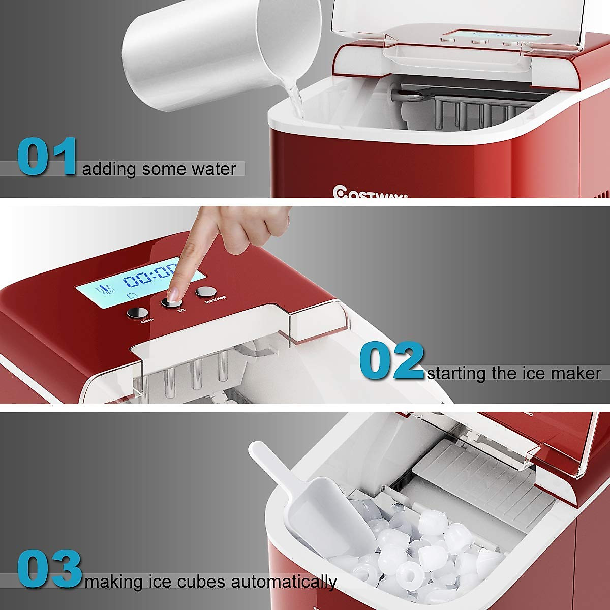 COSTWAY Countertop Ice Maker, 26LBS/24H with Self-Clean Function, LCD Display, 9 Bullet Ice / 7 Mins, Portable and Compact Ice Machine with Ice Scoop, for Homes, Offices, Restaurants, Bars, Red
