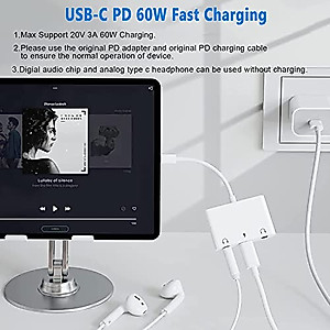 LecLooc USB C to 3.5mm Audio Adapter, 3 in 1 USB C to Dual 3.5mm Audio Jack and PD 60W Fast Charging Fit with Galaxy S22 Ultra S21 S20+ Ultra, Note 20/10,Pixel 7 6 5 4XL 3 XL 2XL,iPad Pro
