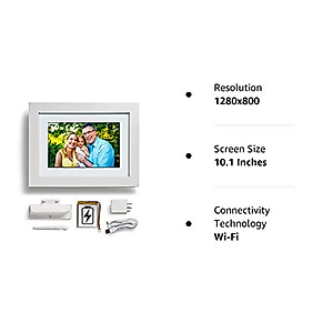 PhotoSpring 10in WiFi Digital Picture Frame with Battery, Send Photos from Anywhere via Email, App, or Web, Easy Touch Screen Setup, 1280x800 Display, Plays Videos, White