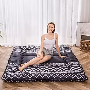 Japanese Floor Mattress Futon Mattress Thicken Sleeping Pad Roll Up Mattress Floor Lounger Bed Camping Mattress Guest Room Mattress Pad, Thick Soft and Comfortable, Black Stripe, Full Size