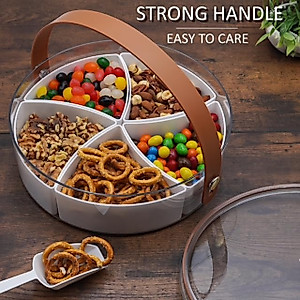 Divided Snack Tray with lid, Serving Tray with Handle, 5 compartments, Mini-scooper included,Storage Container for Nuts, Candy, Veggies and Fruit
