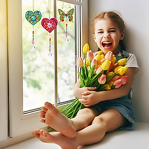 6 Pcs Diamond Painting Suncatcher Wind Chime Double Sided Diamond Painting Hanging Ornament 5D Crystal Butterfly Heart Hummingbird Suncatcher for Kids Adults Home Garden Art DIY Craft (Elegant Style)