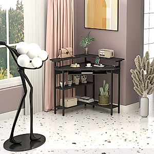 Auromie Corner Desk with Charging Station & LED Light, Triangle Corner Desk with Monitor Stand & Keyboard Tray for Small Space, Gaming Computer Desk with Storage Shelves for Home Office (Black)