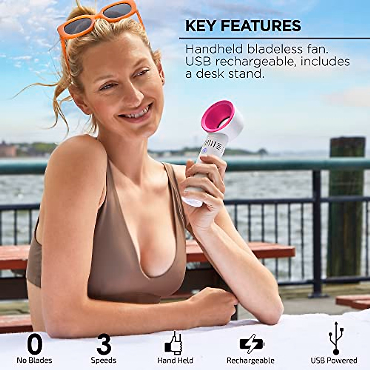 Merkury Innovations Whirlwind Personal Cooling Fan, No Blades, Rechargeable with USB Cable, Mini Bladeless Fan for Travel, Handheld or Hands-free, Pink