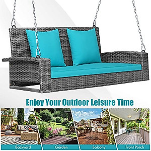 RELAX4LIFE 2-Person Porch Swing Bench - PE Rattan Outdoor Swing Chair with Comfortable Seat & Back Cushions, Rustproof Metal Chains, Patio Loveseat Swing for Balcony, Garden, Yard, 800 LBS (Turquoise)