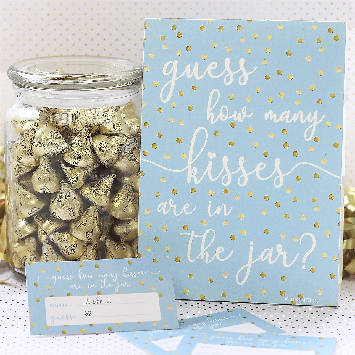 DISTINCTIVS How Many Kisses in the Jar Game - Blue and Gold - Bridal Shower or Wedding (Sign with Cards)