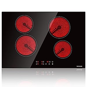 thermomate 4 Burners Electric Cooktop, 30 Inch Built in Electric Radiant Stove Top, 6000W Ceramic Glass Cooktop with Sensor Touch Control, 9 Heating Level, Chlid Lock & Timer, 220-240V Hard Wire