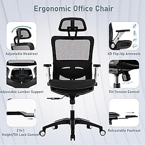 Ergonomic Mesh Office Chair with Footrest, High Back Executive Desk Chair with Adjustable Lumbar Support, Headrest and Tilt Lock, 4D Flip-up Arm-Black