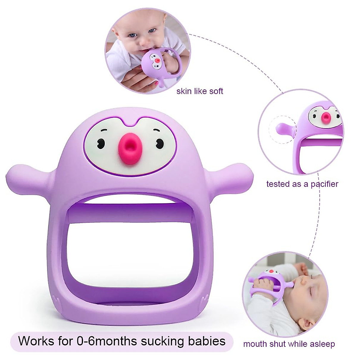 Smily Mia Smily Mia Penguin Teethers, Silicone TeethingToys for Babies 0-6Months, Baby Teethers for 3-6Months, Hand Teether for Infants, Pacifiers for New Born,Light Purple