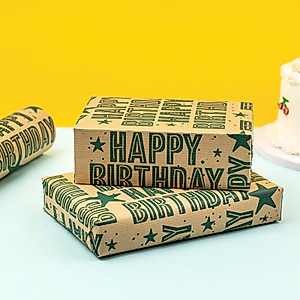 RUSPEPA Kraft Wrapping Paper Roll - Mini Roll - Green Happy Birthday Pattern Great for Birthday, Party, Baby Shower - 17.5 Inches X 32.8 Feet