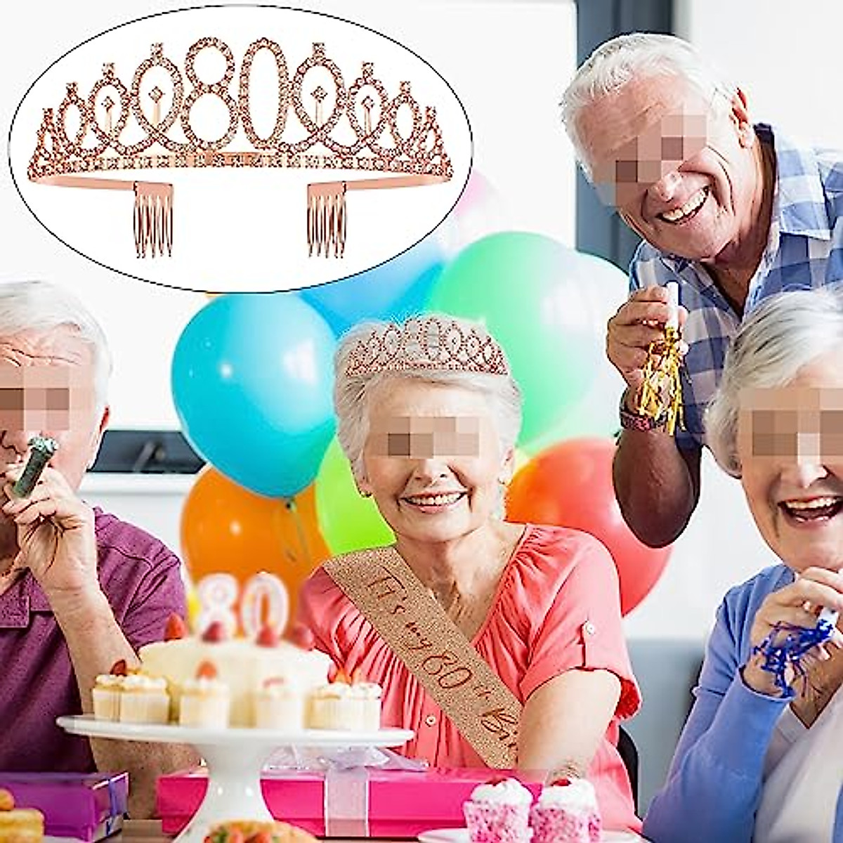 Ceqiny 80th Birthday Sash Tiara and Crowns for Girls, Birthday Queen Rose Gold Tiara, Princess Tiara Rhinestone Headbands with Combs Bridal Wedding Tiaras for Wedding Prom Bridal Party Christmas