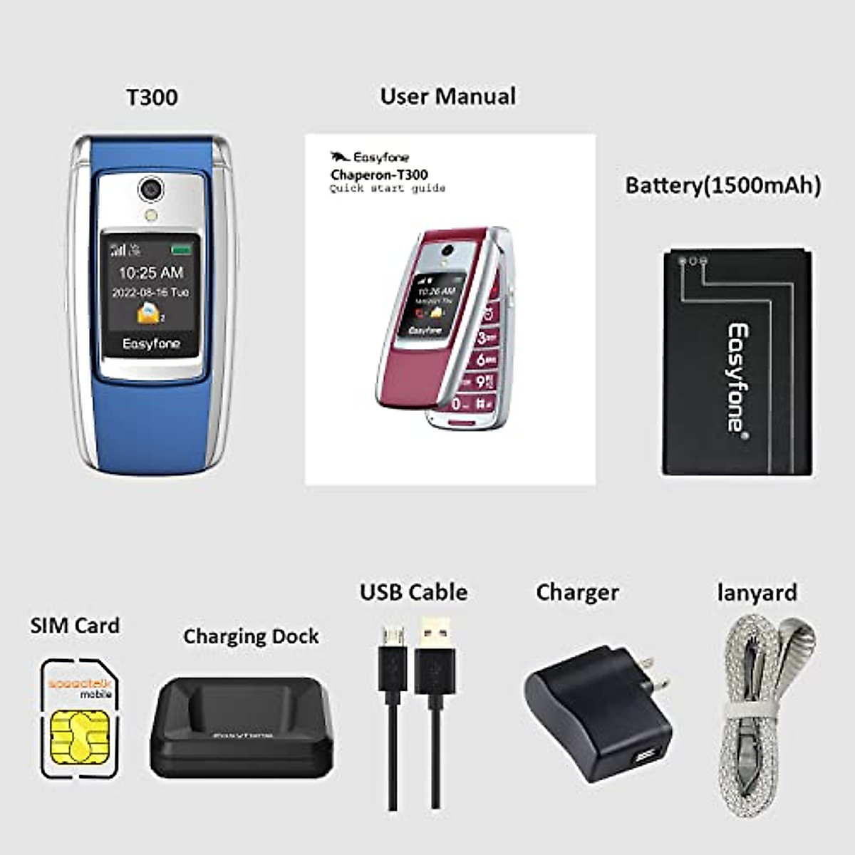 Easyfone T300 4G Unlocked Flip Cell Phone for Seniors | Easy-to-Use | Big Buttons | Clear Sound | 1500mAh Battery | SOS Button | Photo Speed Dial | SIM Card & Flexible Plans | Charging Dock (Blue)