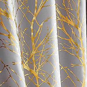 FMFUNCTEX Branch Grey Blackout Curtain Panels for Bedroom 84" Foil Gold Tree Branch Window Curtains Metallic Print Energy Efficient Thermal Curtain Drapes for Guest Living Room Grommet Top 2 Panels