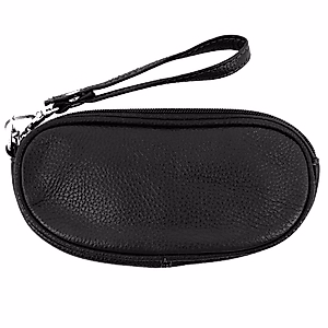 SILVERFEVER Leather Eyeglass Glasses Case with Wristlet Handle, Padded (Navy)