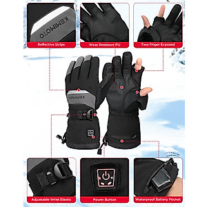 KEMIMOTO Heated Gloves for Men Women, Heating Ice Fishing Gloves Rechargeable Electric Battery 2pcs 7.4V for Winter Motorcycle Skiing Snowboarding Hunting Camping, Size XL