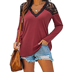 LAISHEN Women's V Neck Crochet Lace Trim Long Sleeve Casual Loose Blouses Tunic Tops(Red,M)