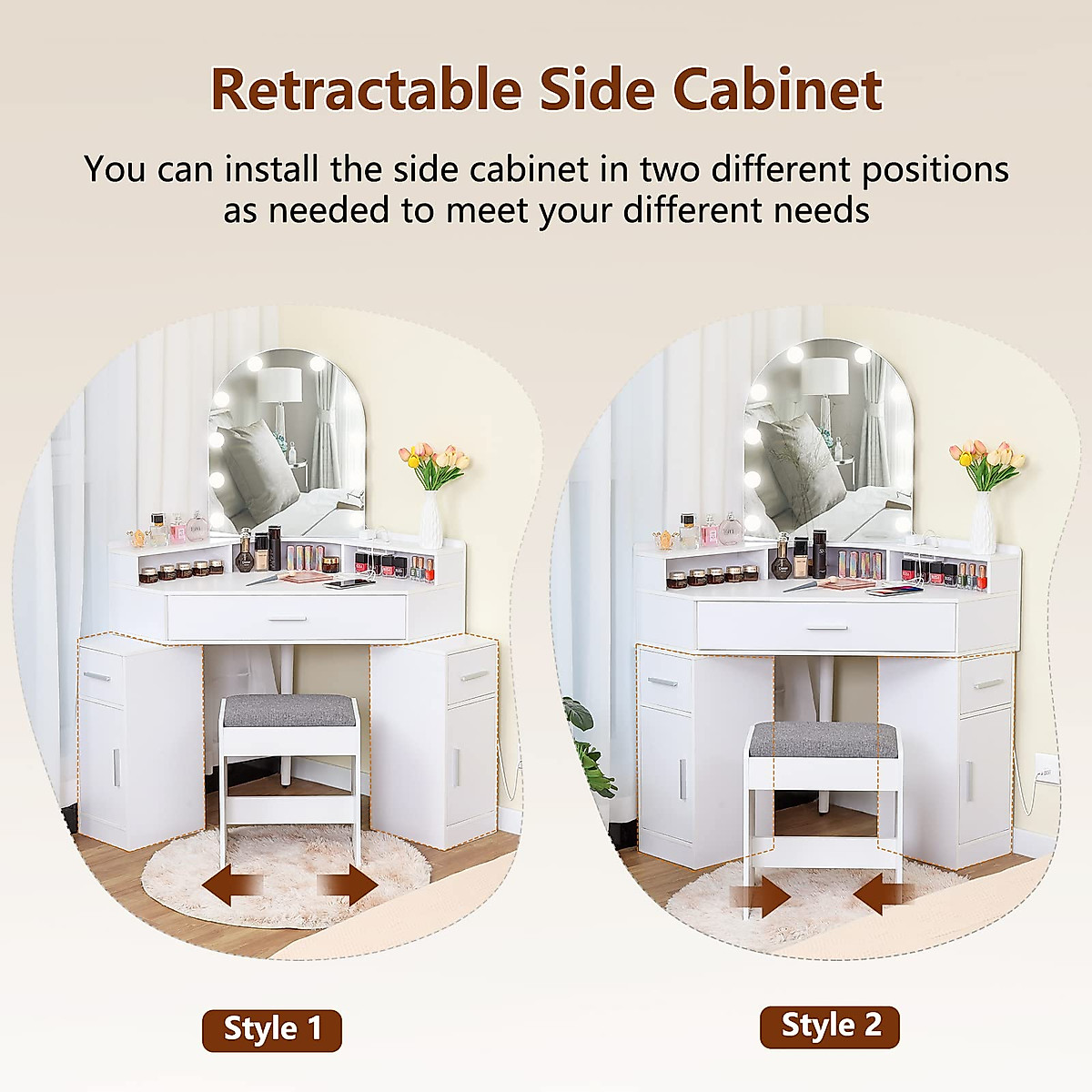 usikey Corner Vanity Desk with Mirror and Lights, Makeup Vanity Table with Charging Station, 3 Drawers & Retractable Side Cabinets, Vanity Desk with Cushioned Stool for Christmas Day, White