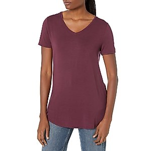 Amazon Essentials Women's Relaxed-Fit Short-Sleeve V-Neck Tunic (Available in Plus Size), Burgundy, Large