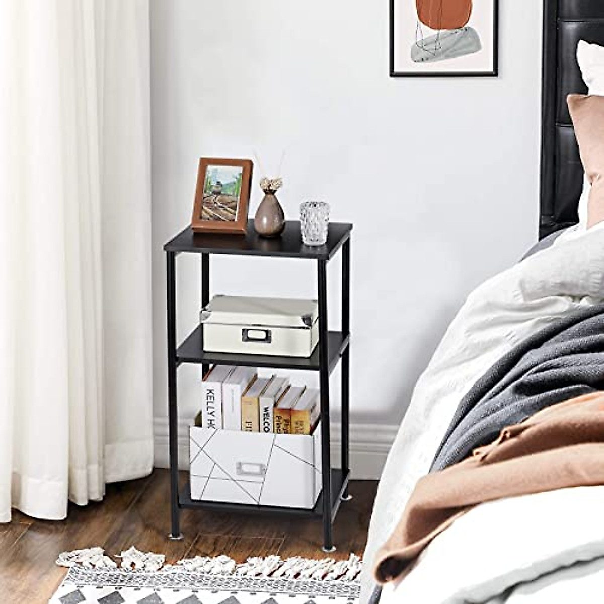 MOOACE Tall Side Table, 3 Tier End Table, Side Table with Storage Shelf for Bedroom Living Room, Small Nightstand for Small Spaces, Black