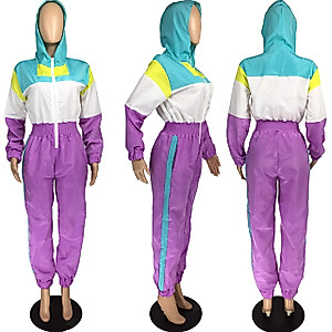 VOIKERDR Women Colorblock One Piece Outfits Set High Waist Pants Long Sleeve Zipper Front Windbreaker Jumpsuit Purple L