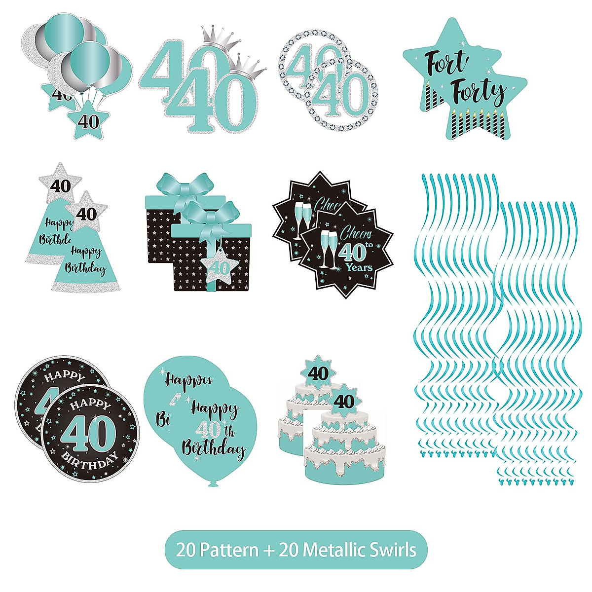 Happy 40th Birthday Party Hanging Swirls Streams Ceiling Decorations, Celebration 40th Foil Hanging Swirls with Cutouts for 40 Years Teal Silver Black Blue Birthday Party Decorations Supplies