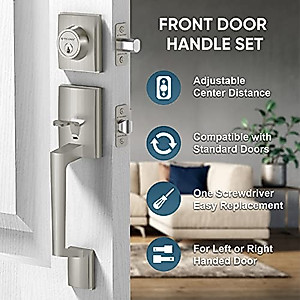 TICONN Front Door Handle Set, Heavy Duty Square Door Lever & Single Cylinder Deadbolt Combo Reversible for Entrance Exterior Doors (Satin Nickel)