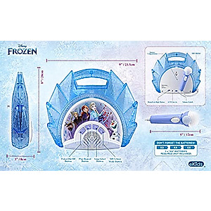 eKids Frozen Sing Along Boom Box Speaker with Microphone for Fans of Frozen Toys for Girls, Kids Karaoke Machine with Built in Music and Flashing Lights , Blue, 3.5mm Audio Jack