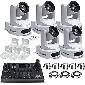 PTZOptics 5 x 30X-NDI Broadcast and Conference Camera (White) (PT30X-NDI-WH) + SuperJoy IP and Serial Controller + 5 x Universal Wall Mount Bracket (White) - 5 Camera, Mount and Controller Bundle