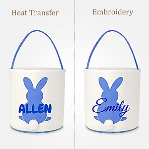 Atiming Canvas Bunny Easter Basket Personalized for Kids, Custom Easter Egg Hunting Basket with Name for Boys Girls Easter Bunny Eggs Hunt Basket Easter Party Gift Bags - Blue