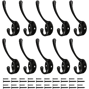YIHATA 10 Pack Double Coat Hooks Hardware Black Wall Mounted Hanging Hook Heavy Duty for Towel, Bag, Cap, Scarf, Hat, Key