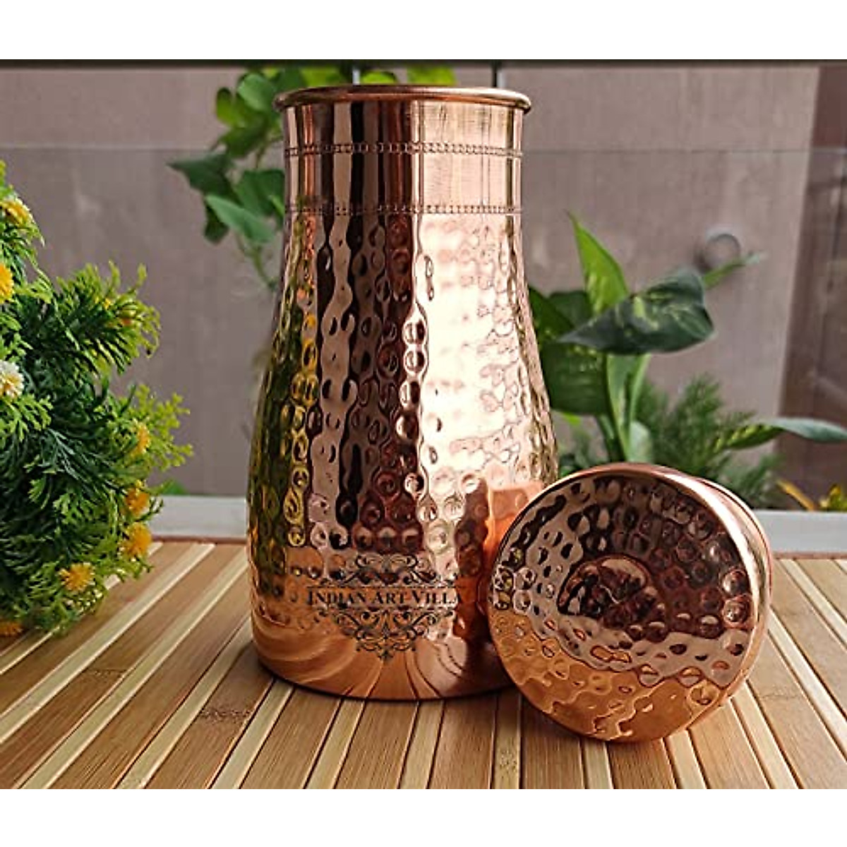 Indian Art Villa Pure Copper Bedroom Water Bottle With Inbuilt Glass & Hammered Shine Design, Drinkware, Storage Purpose, Volume-37 Oz