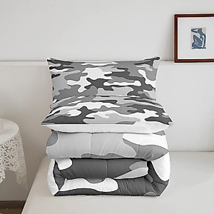 Homewish Boys Kids Camouflage Comforter Set Twin Size Black White Grey Bedding Set 2pcs for Teens Men Bedroom Decor Army Camo Abstract Quilt Set Modern Duvet Insert with 1 Pillowcase