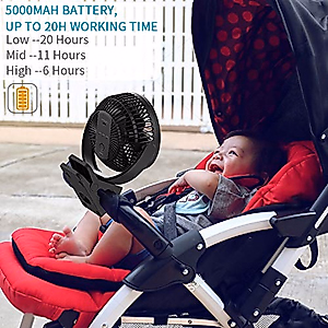 xasla 5000mAh Rechargeable Battery Operated Clip on Fan , Quiet & Strong Airflow, USB Desk Fan, Strong Hold Personal Portable Fan for Stroller, Golf Cart, Treadmill, Beach, Camping tent, Black