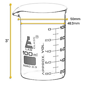 EISCO (Pack of 12) Beakers, 100ml - ASTM - Low Form with Spout - Dual Scale, White Graduations - Borosilicate 3.3 Glass