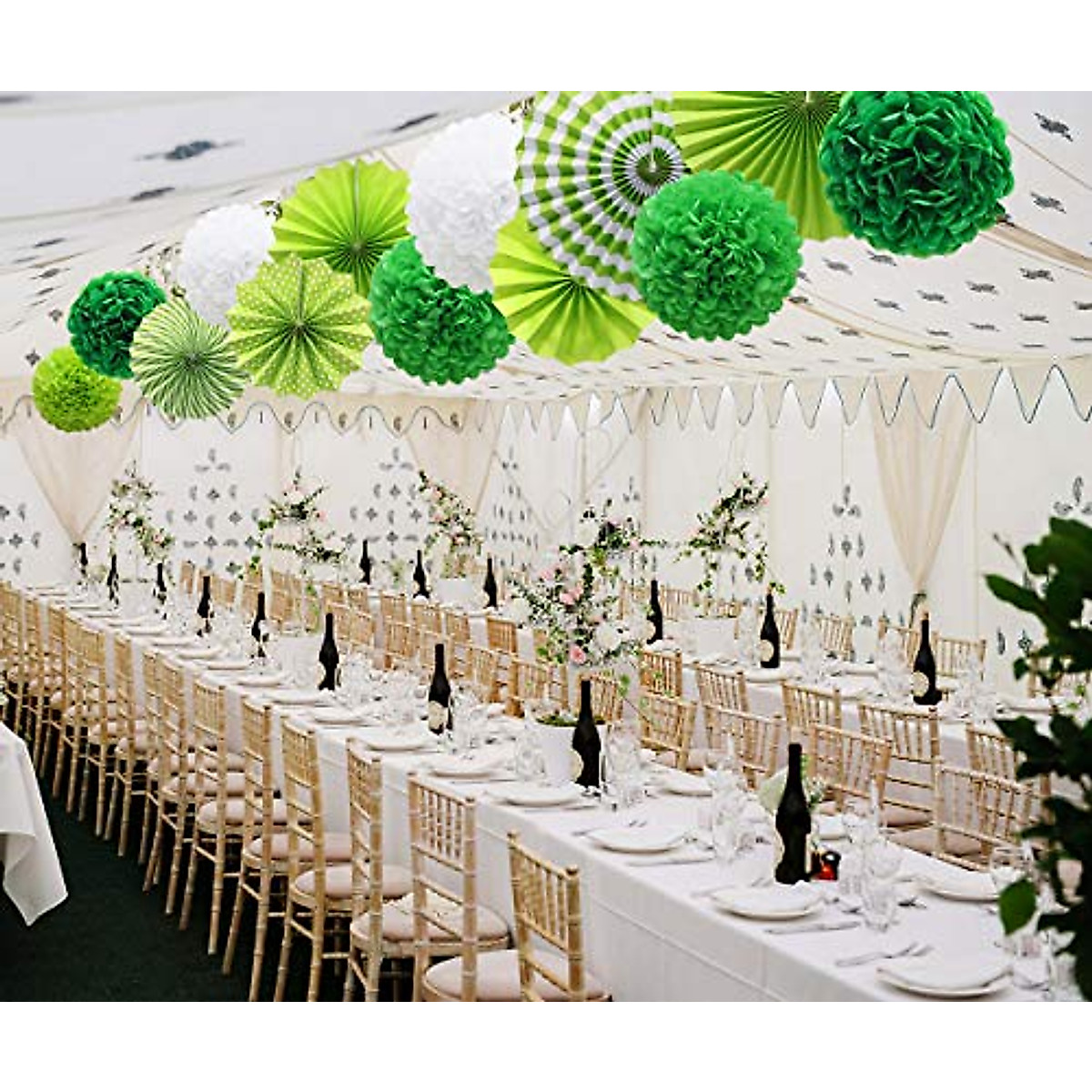 Green Hanging Paper Party Decorations, Round Paper Fans Set Paper Pom Poms Flowers for Birthday Wedding Graduation Baby Shower Events Accessories