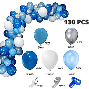 EZYLINKER Blue Balloon Garland Arch Kit - (130Pcs) Set of Blue Balloons, White Balloons, Light Blue, and Metallic Silver Balloons - ideal for Birthday Decorations, Wedding Parties, Baby Shower, etc