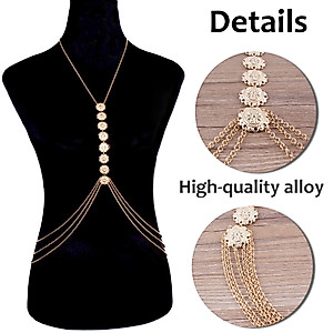Bimkole 8-Ring Golden Body Chain Layered Sexy Gold Tassels, Fashion Bra Chains Summer Bikini Beach Body Jewelry Waist Belly Chain Harness Birthday Anniversary Festival Gift for Women and Girls